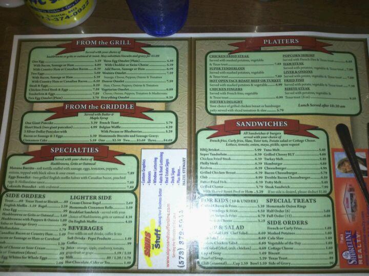 Menu at Val's restaurant, Laurie