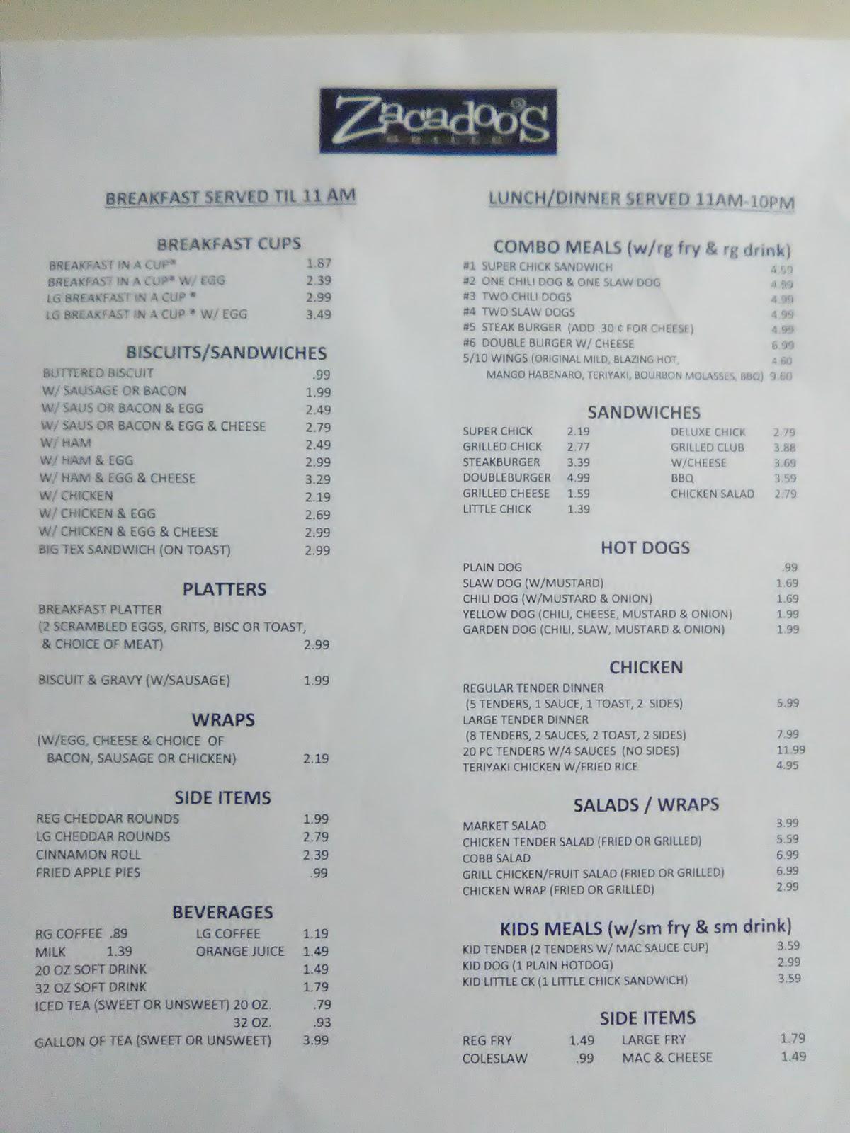 Menu at Zacadoo's Grille restaurant, Valdosta, Inner Perimeter Rd
