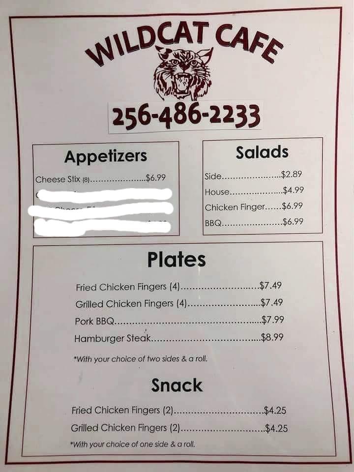 Menu at Wildcat Cafe, Guntersville