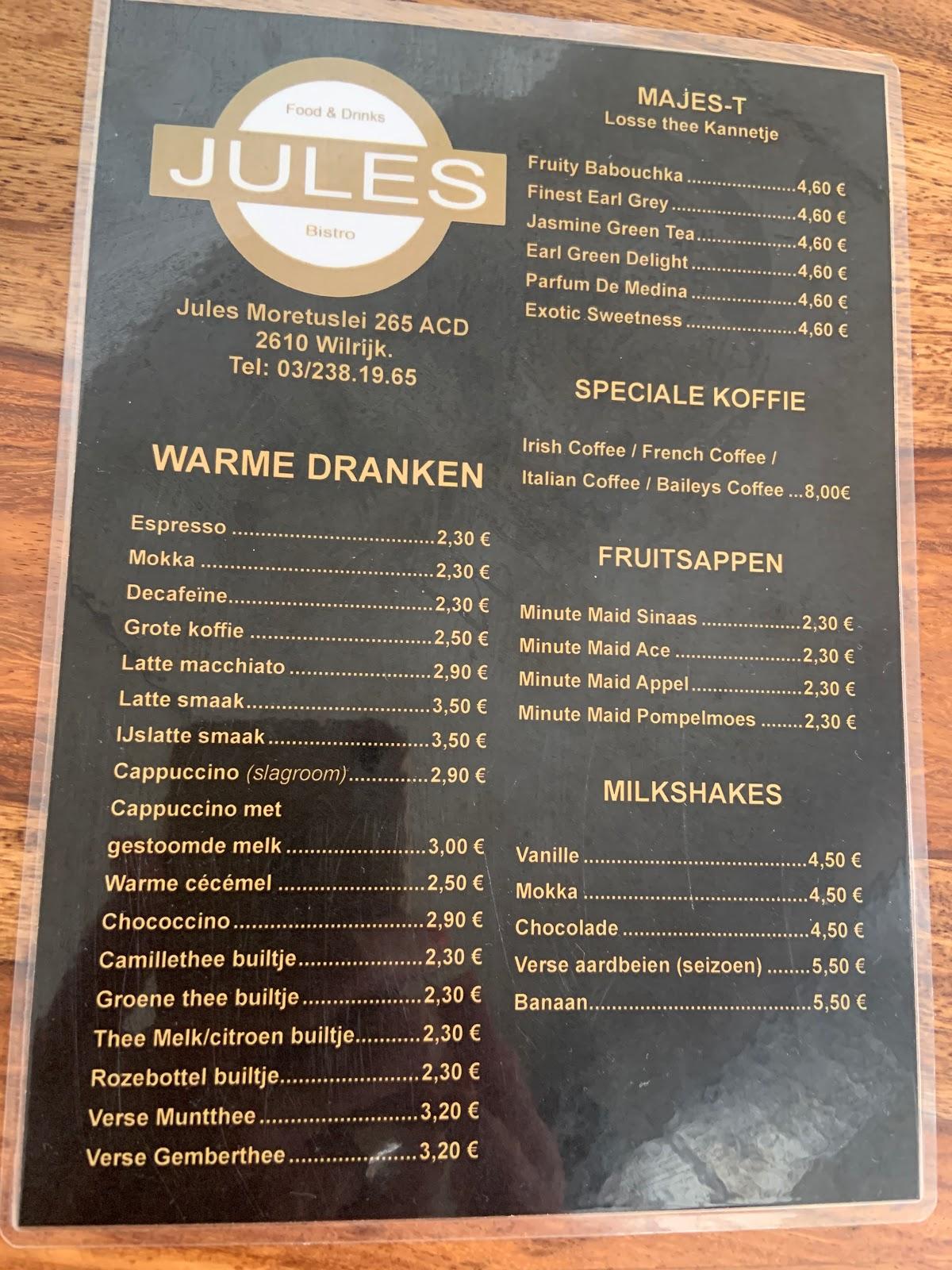 Menu at Bistro Jules, Antwerp