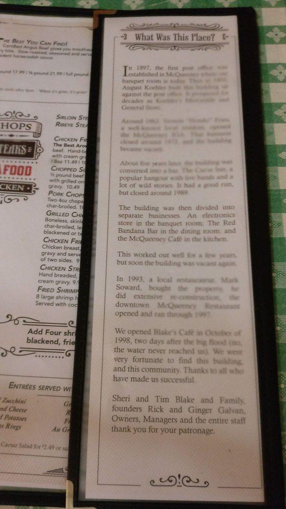 Menu at Blake's Cafe, McQueeney