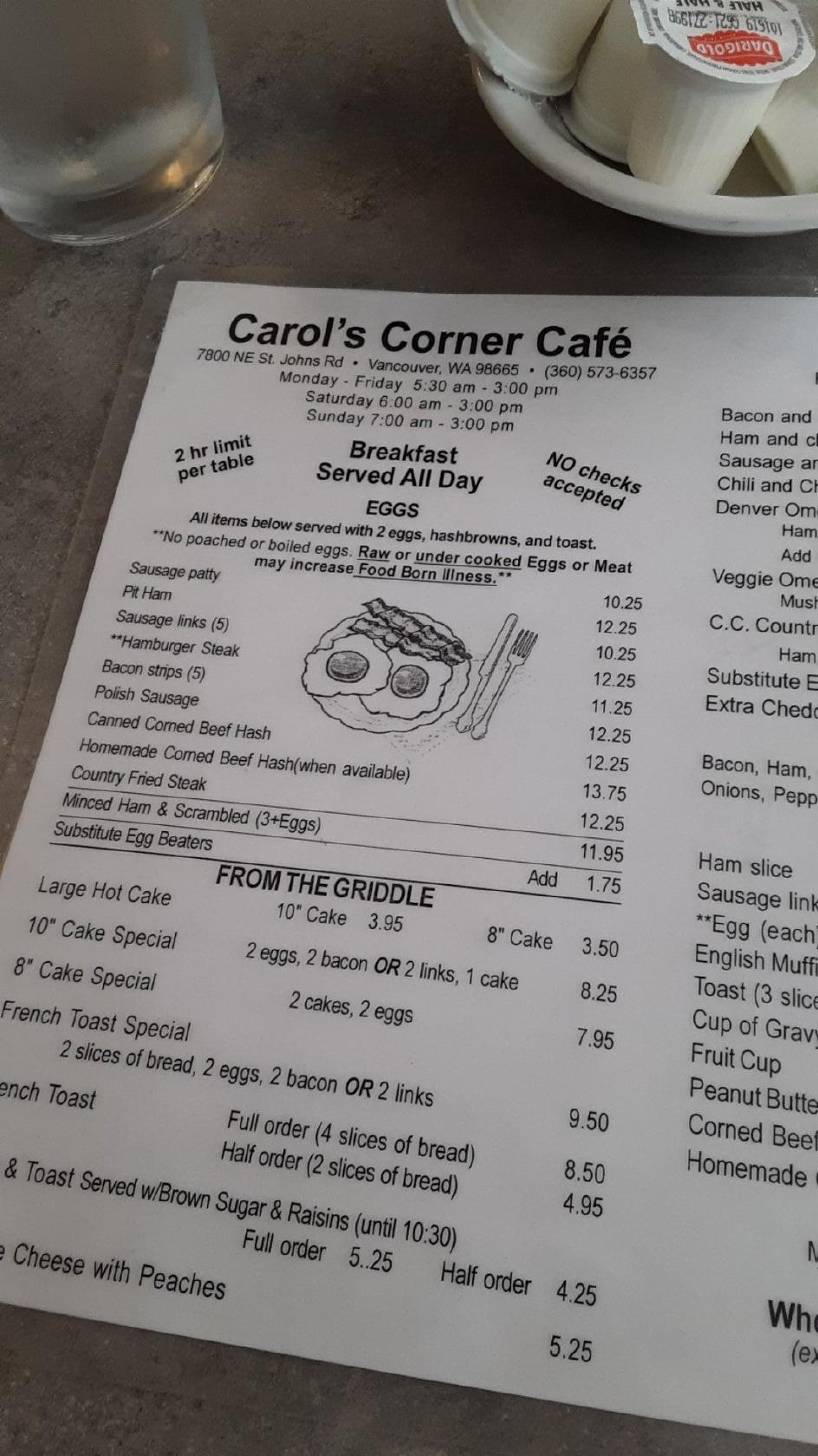 Menu at Carol's Corner Cafe, Vancouver