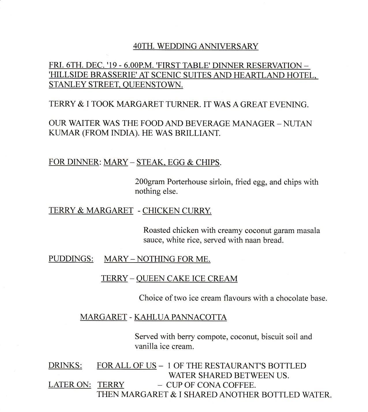 Menu at Scenic Suites Queenstown restaurant, Queenstown