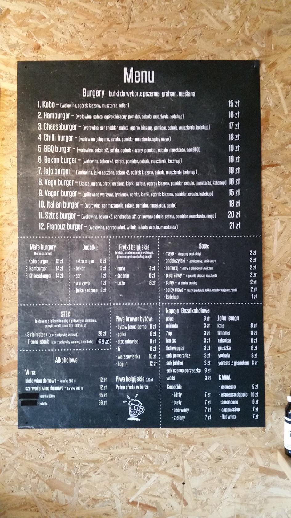 Menu at Kobo Burger restaurant, Gdańsk