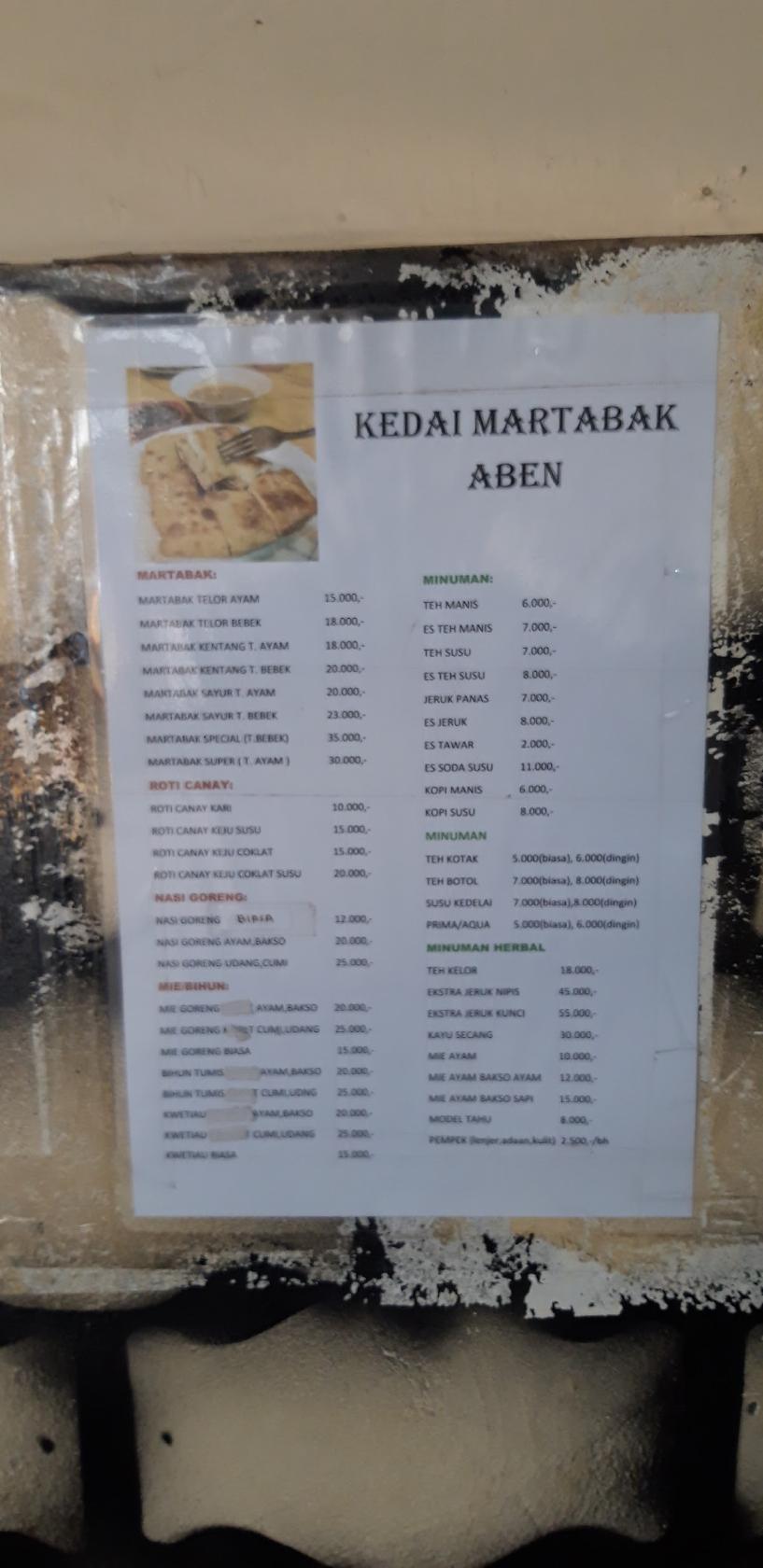 Menu at Martabak Aben restaurant, Palembang