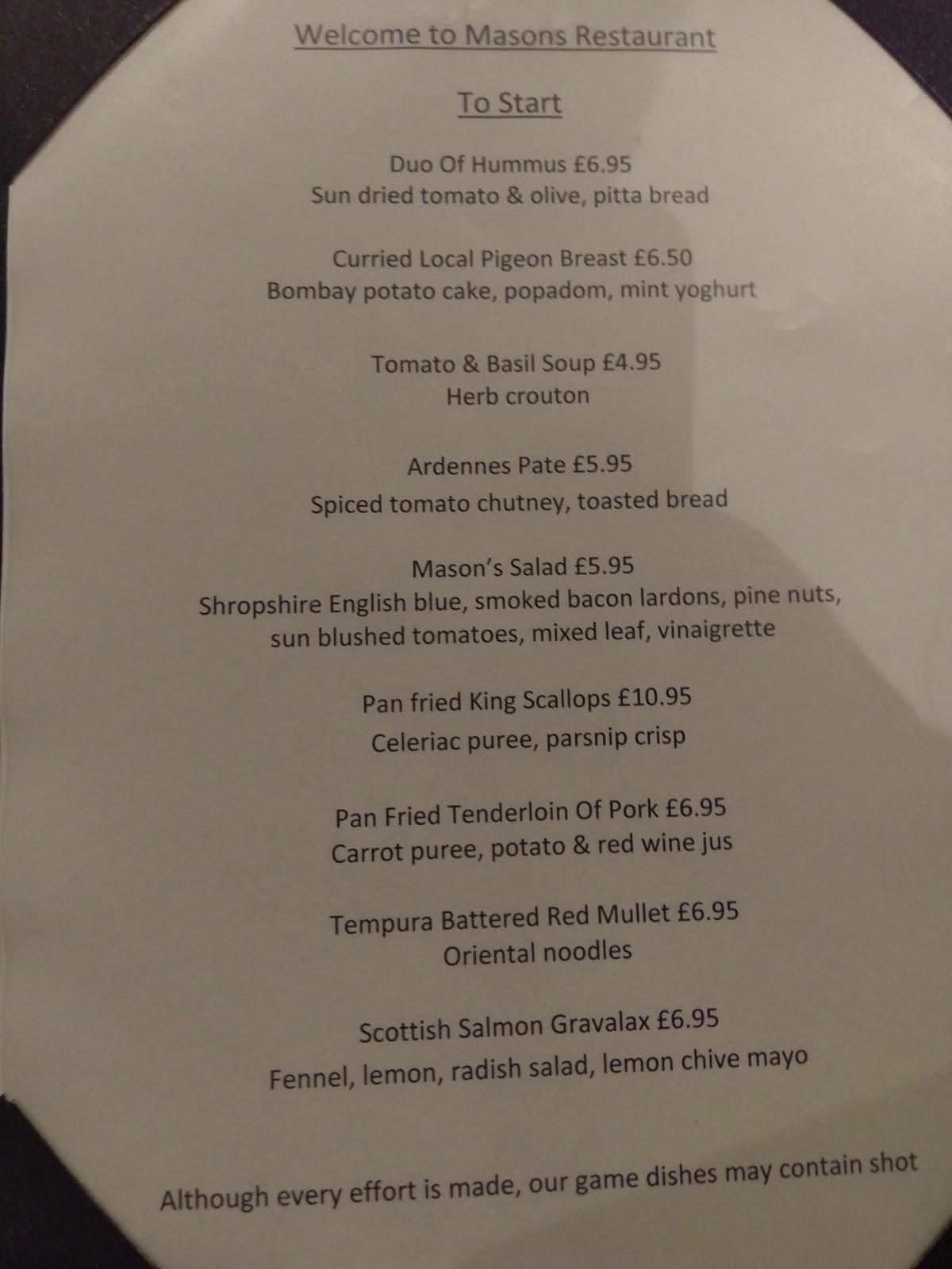 Menu at Masons Restaurant, Brentwood