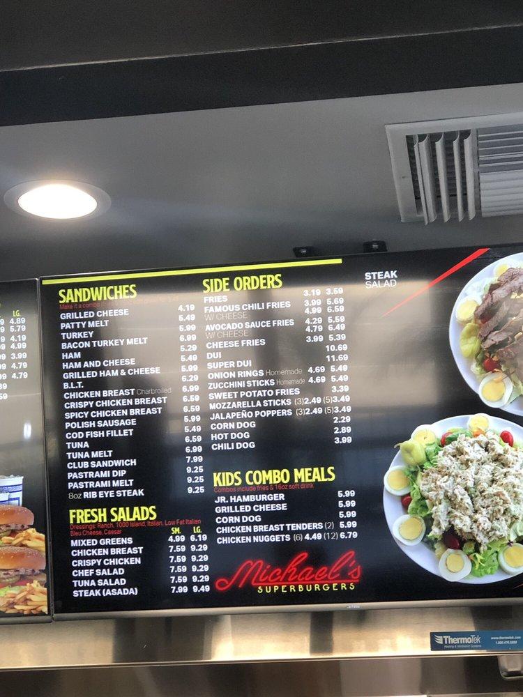 Menu at Michael's Super Burgers restaurant, Whittier