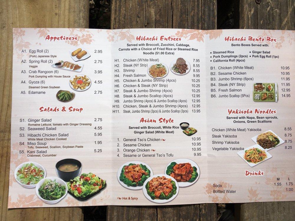 Menu at Mizuki Japan restaurant, Wilmington