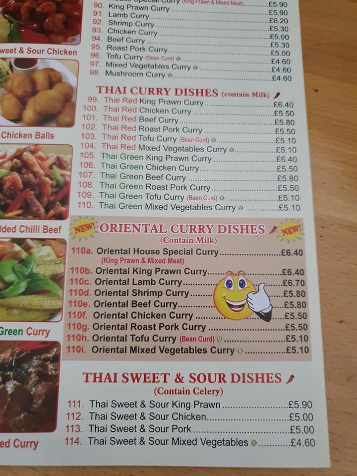 Menu at Oriental Chinese fast food, Blackpool