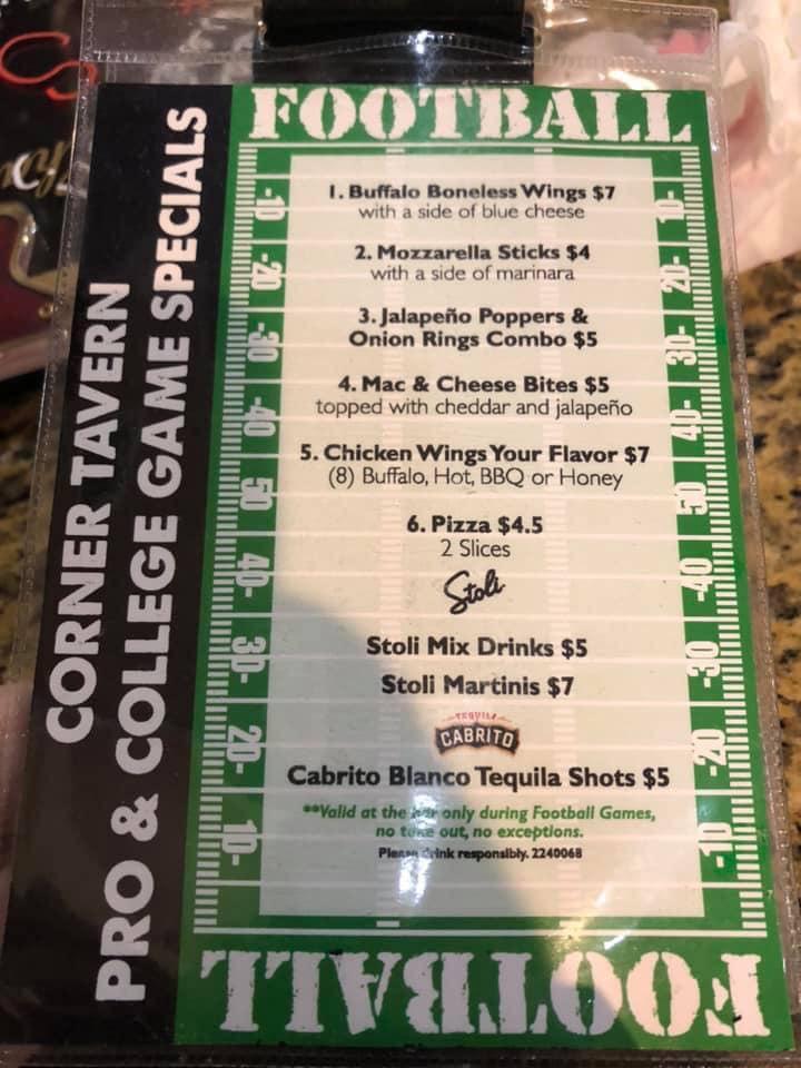 Menu at The Corner Tavern restaurant, Galloway, 201 E Collins Rd