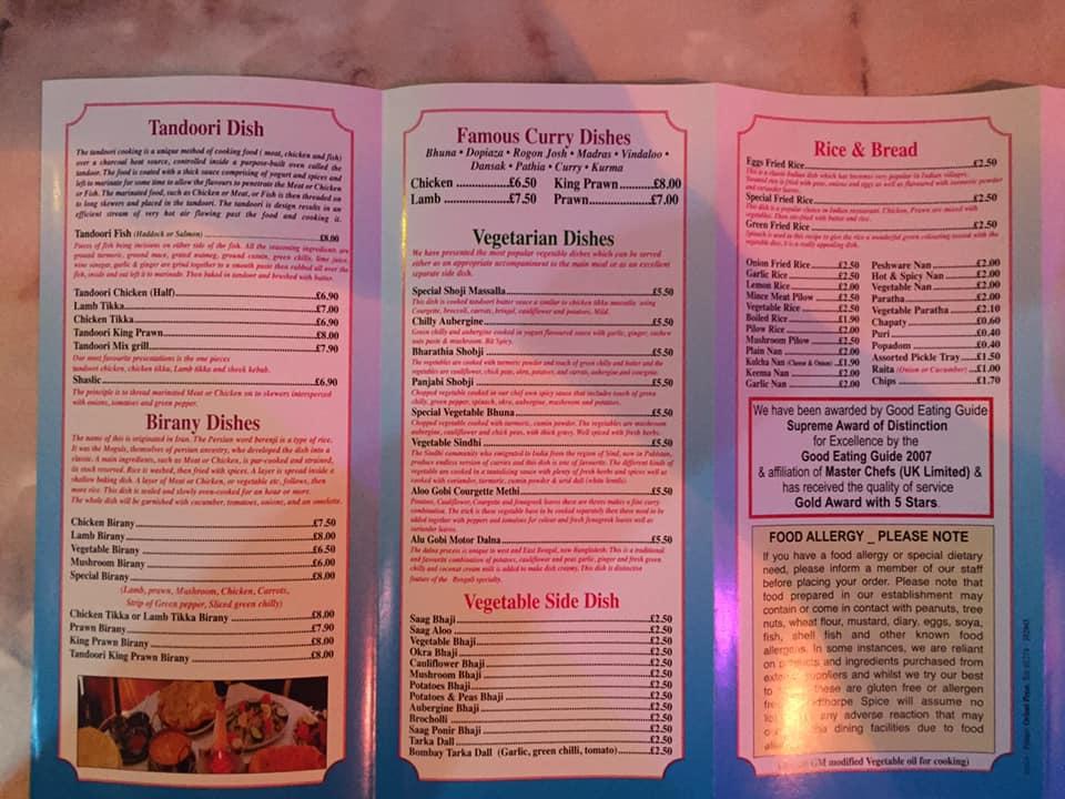 Menu at Woodthorpe Spice restaurant, York