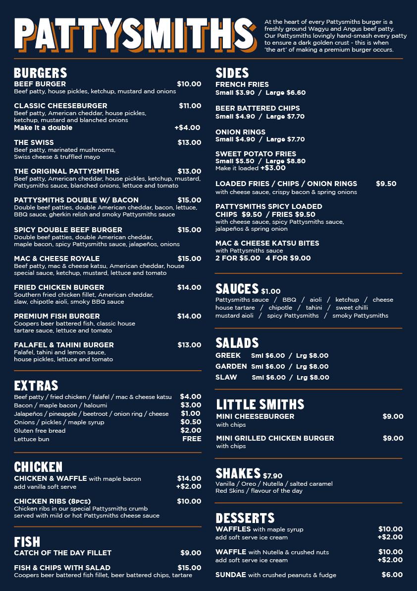 Menu at Pattysmiths Templestowe restaurant, Templestowe