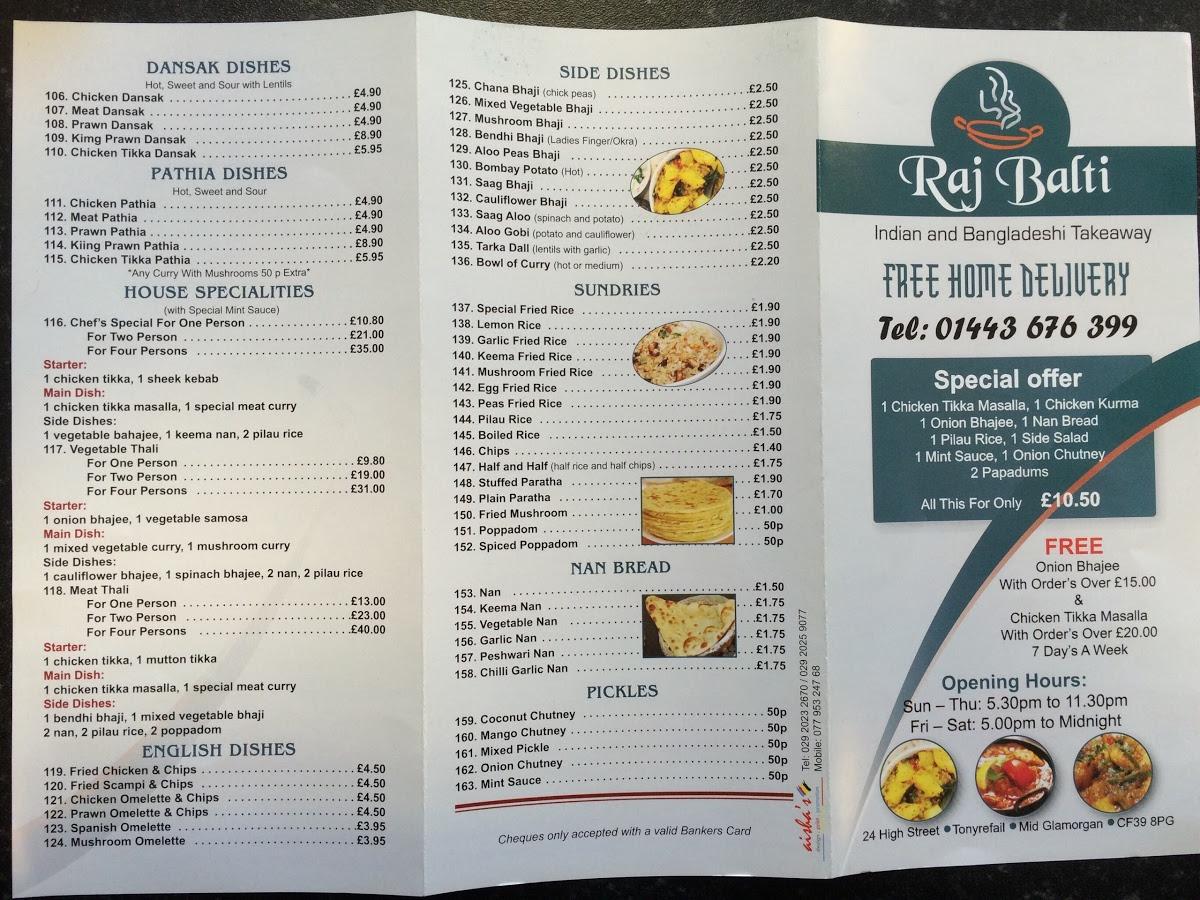 Menu at Raj Balti restaurant, Porth
