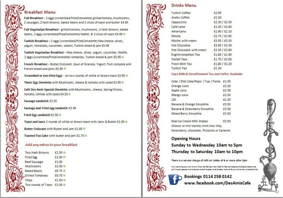 Menu at Cafe Des Amis, Sheffield