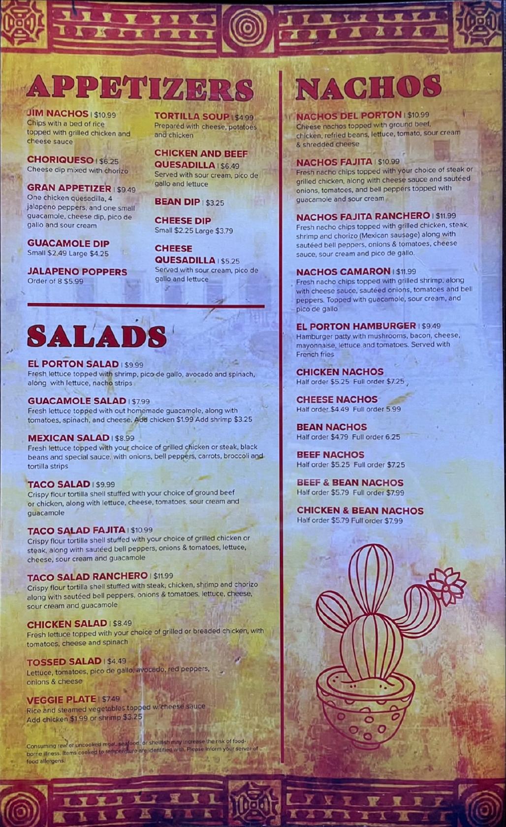 Menu at El Porton Mexican Grill restaurant, Glenwood