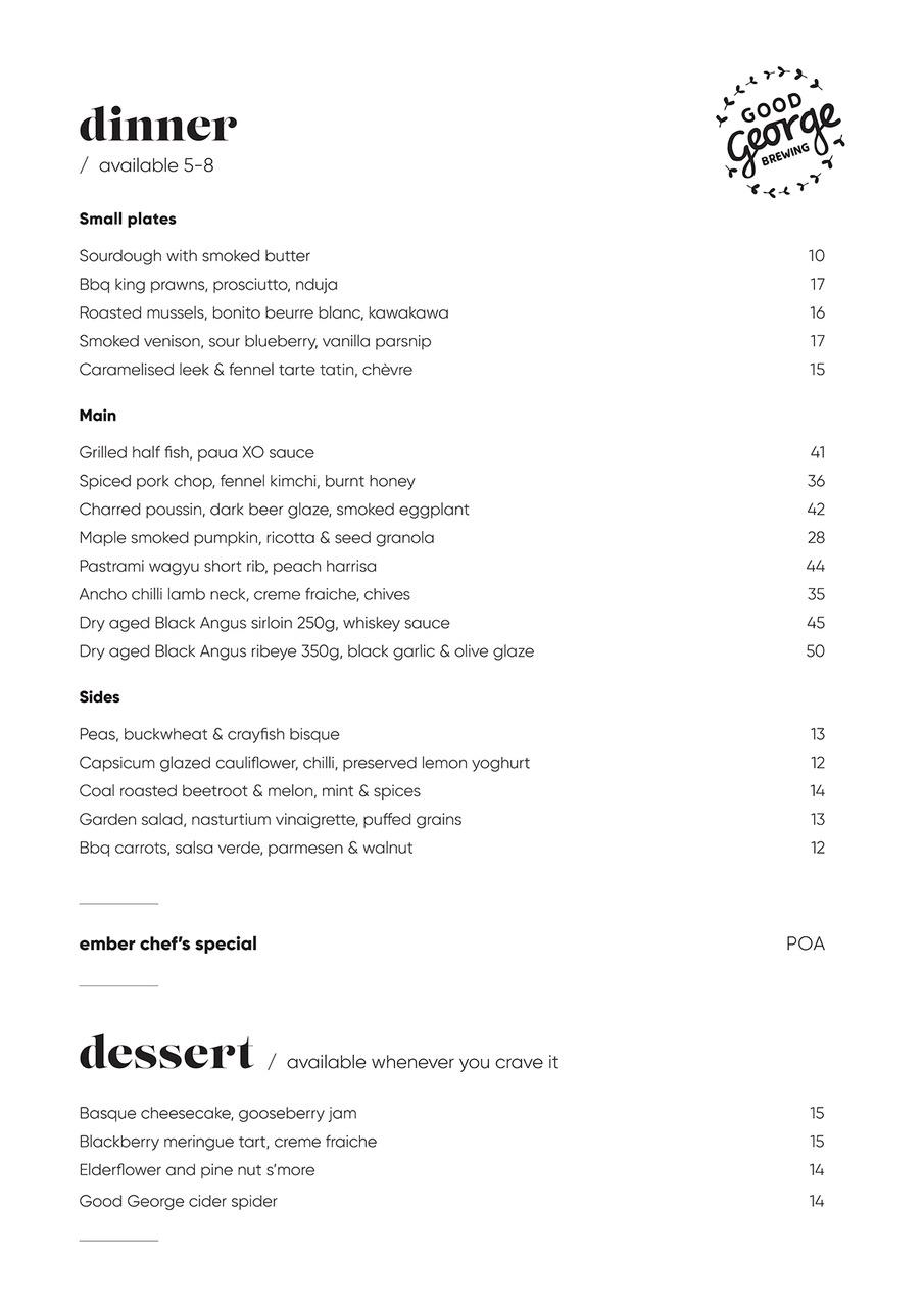 Menu at Ember Bar & Restaurant, New Plymouth