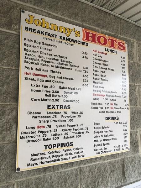 Menu at Johnny's Hots restaurant, Philadelphia