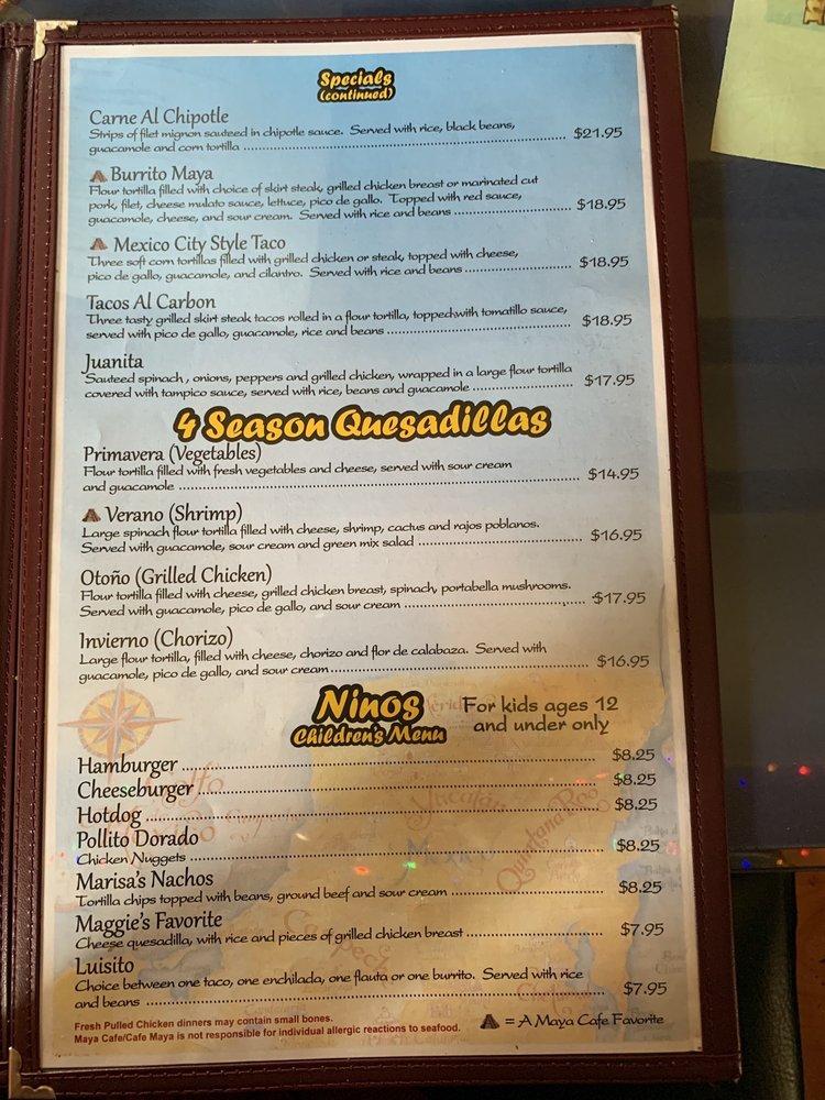 Menu at Maya Cafe, Fishkill