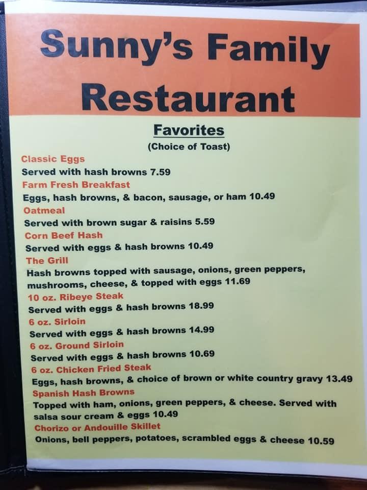 Carta de Sunny's Family Restaurant, Sidney