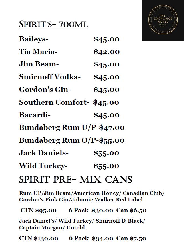 Menu at Exchange Hotel pub & bar, Kyogle