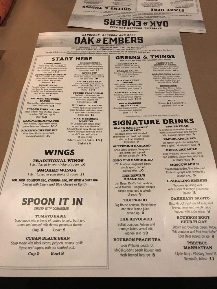 Menu at Oak & Embers Tavern restaurant, Chesterland