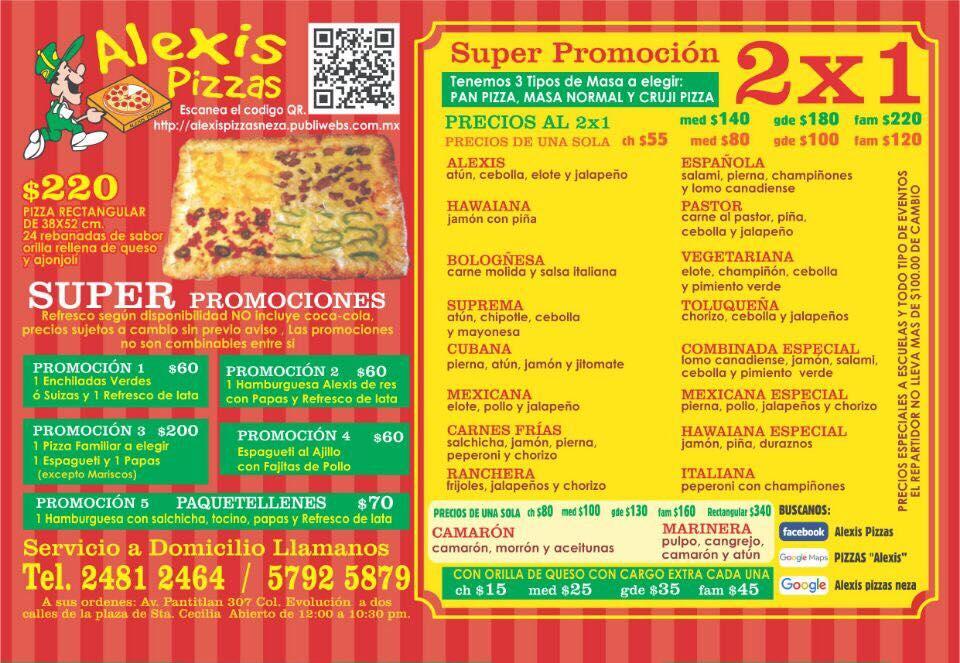 Menu at Alexis Pizzas restaurant, Ciudad Nezahualcóyotl