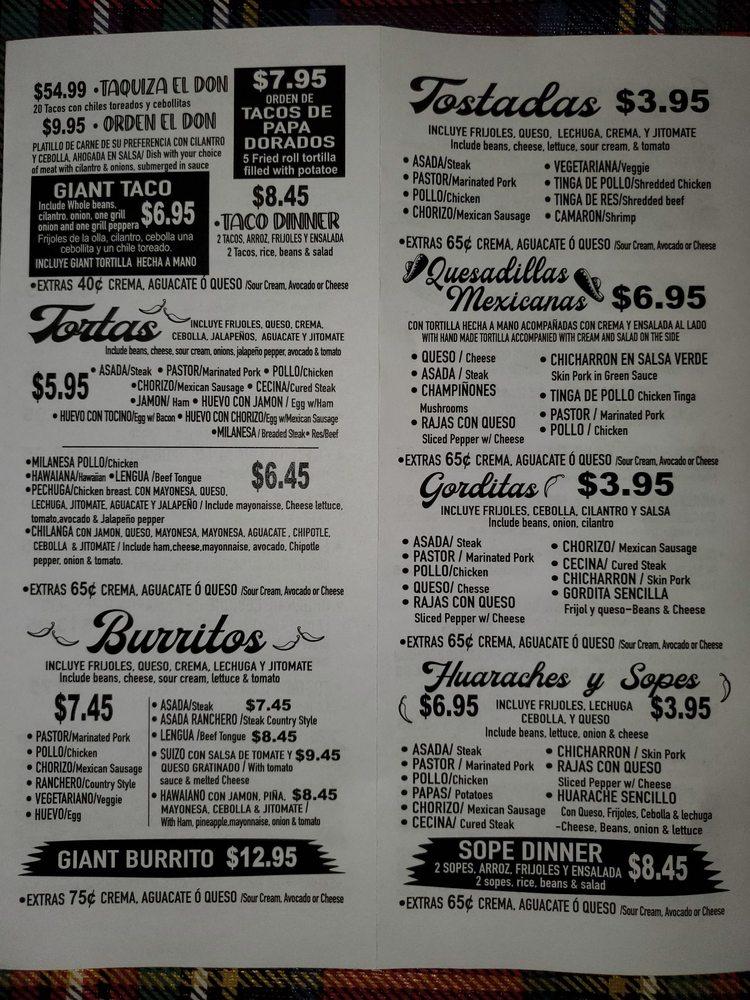 Carta del restaurante El Don, Alsip