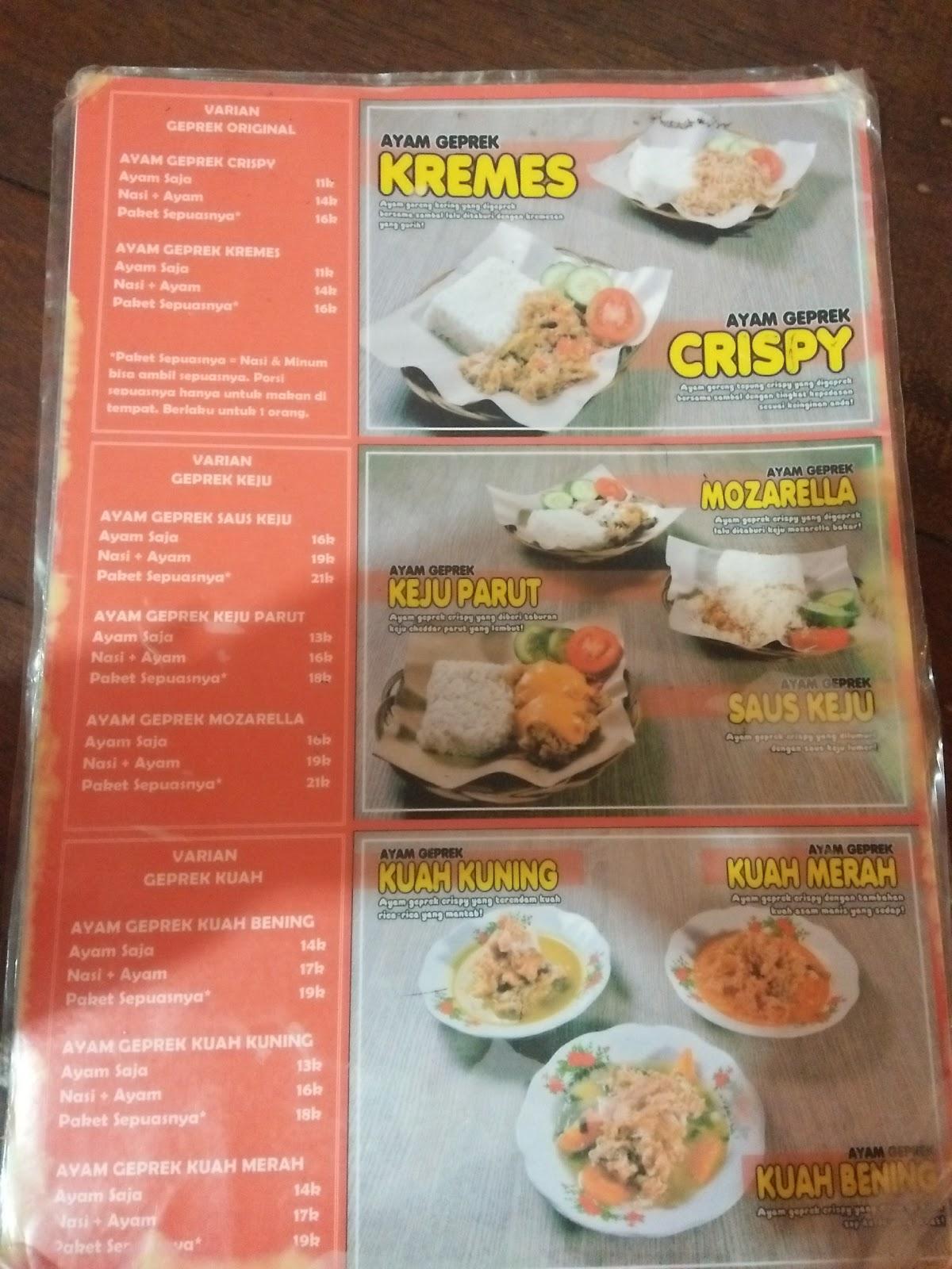 Menu at Geprek Zone restaurant, Semarang, Jl. Singosari Timur No.H44