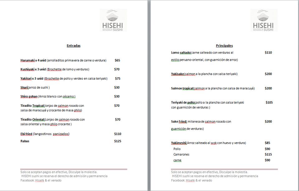 Menu at Hisehi & El venado restaurant, Canning