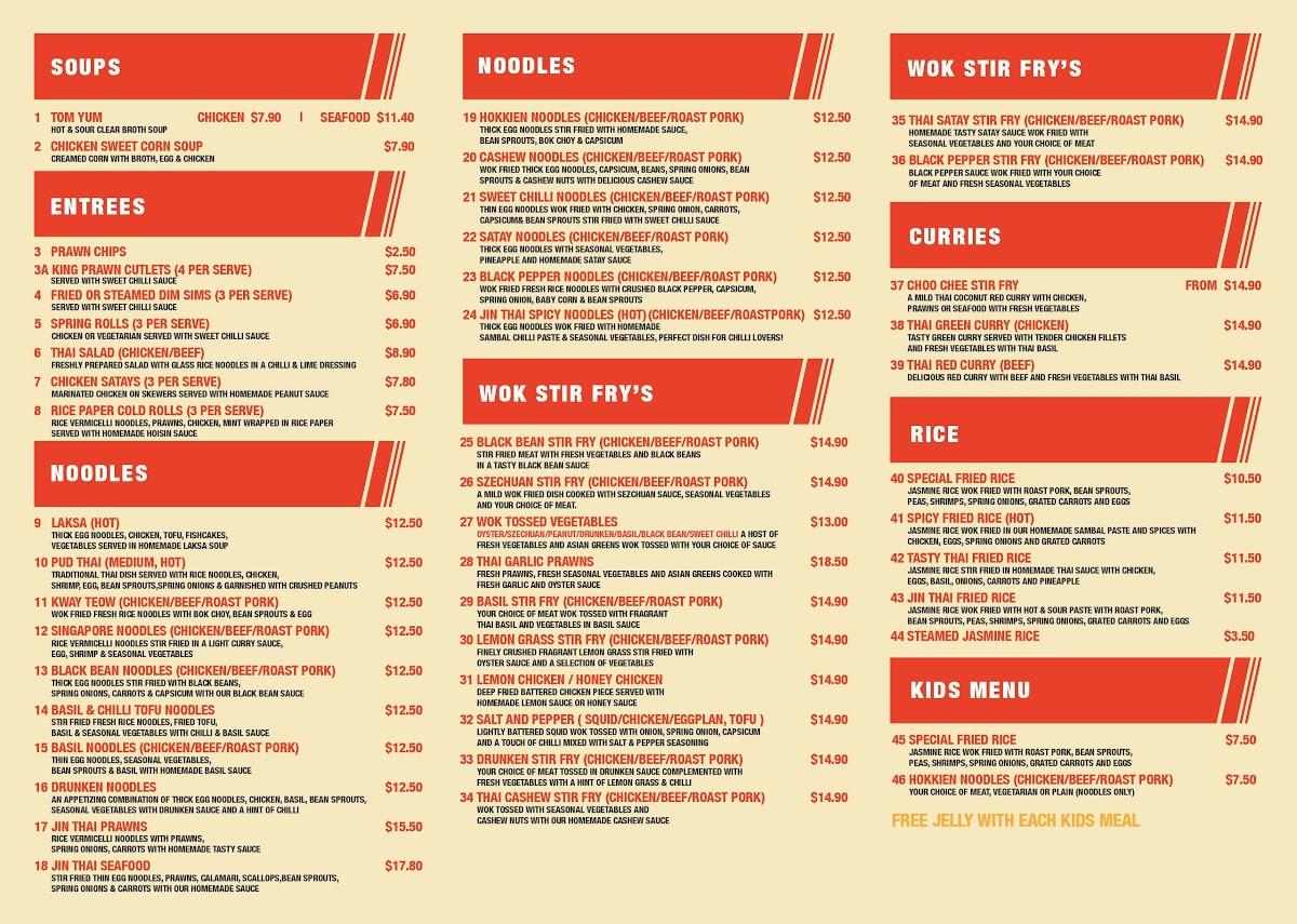 Menu at Jin Thai Noodle Bar, Hawthorn