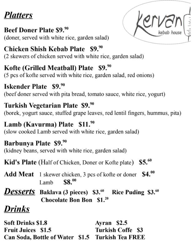 Menu at Kervan Kebab House restaurant, Chesapeake