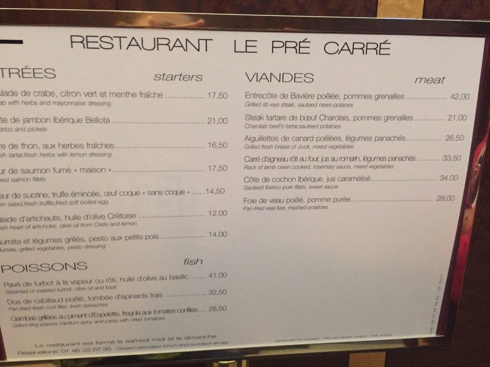 Menu at Le Pré Carré restaurant, Paris, 3 Av. Carnot
