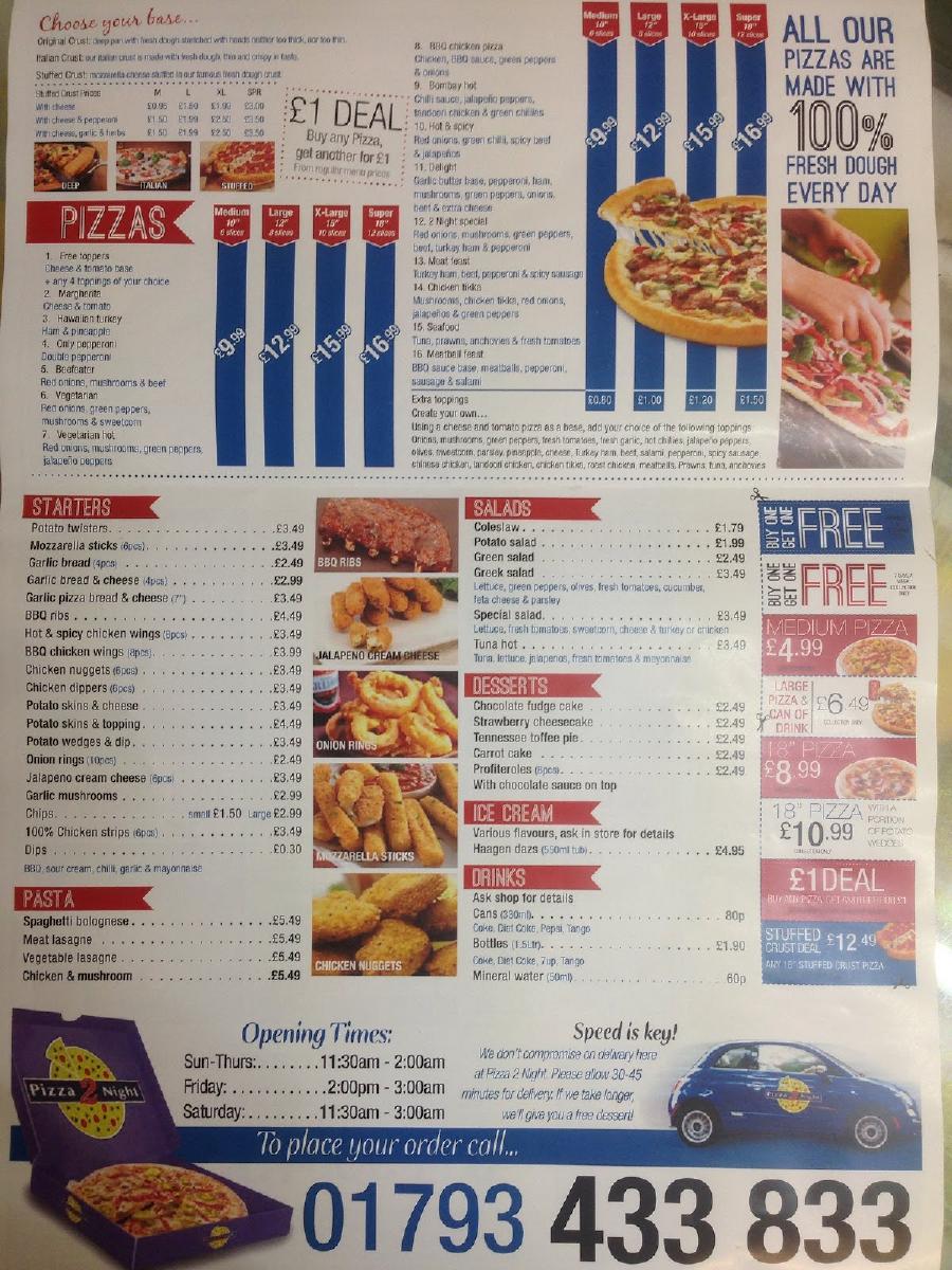 Menu at Pizza 2 Night pizzeria, Swindon