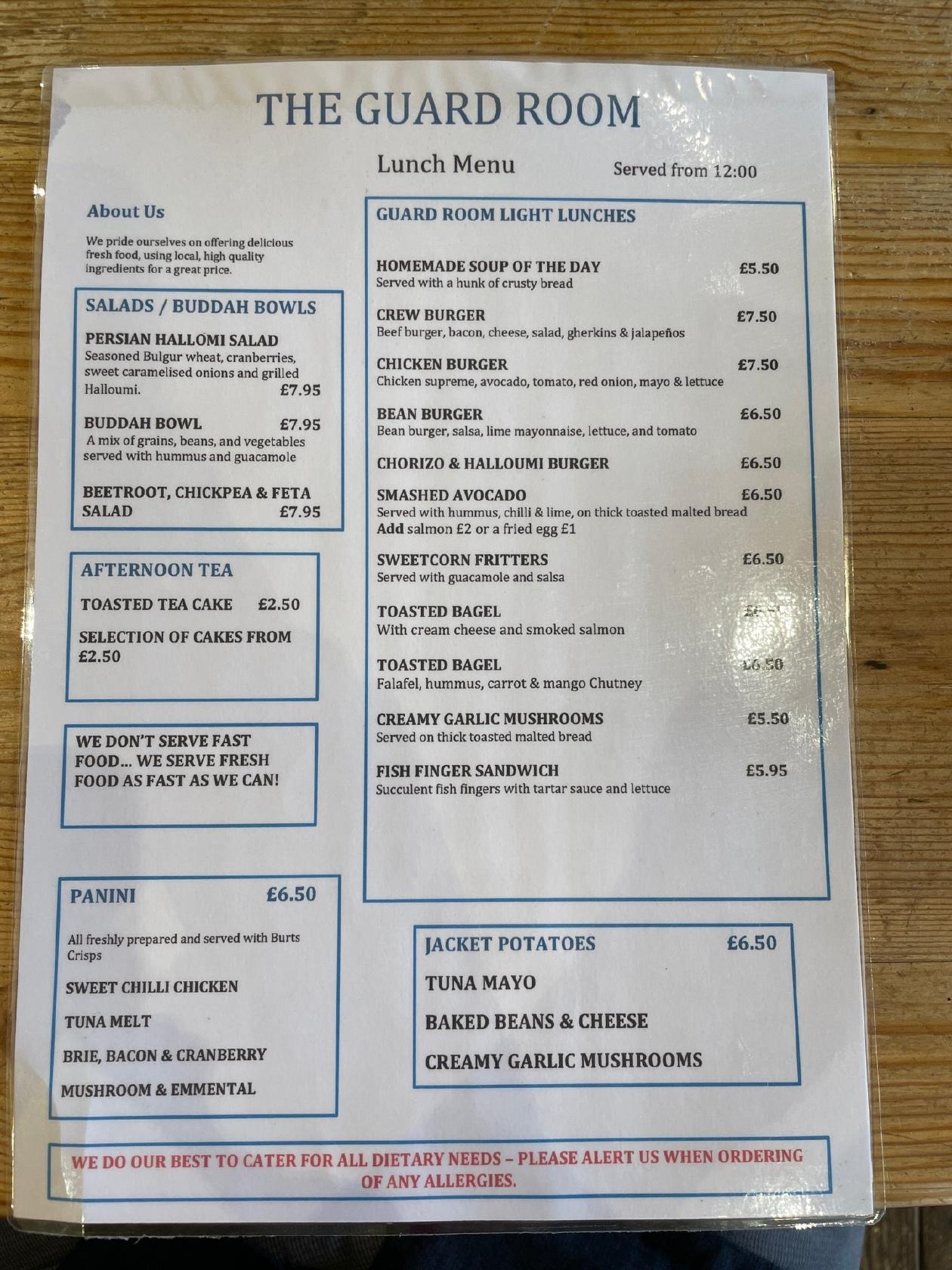 Menu at The Guard Room @Turnchapel Wharf cafe, Plymouth