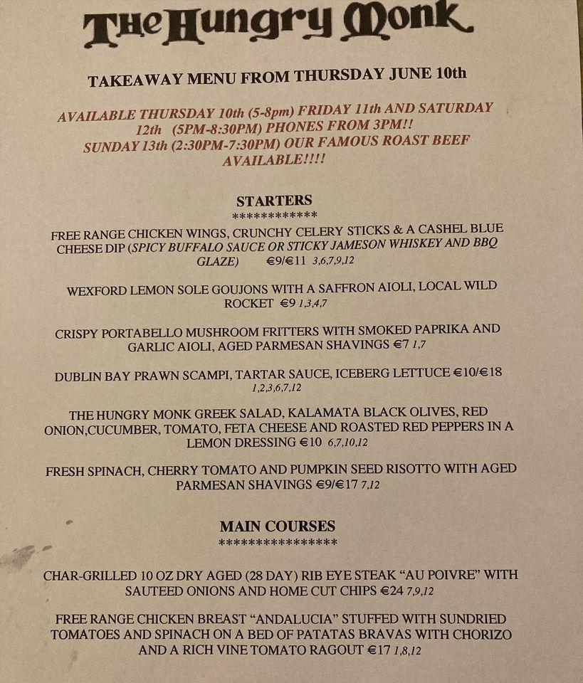 Menu at The Hungry Monk restaurant, Greystones