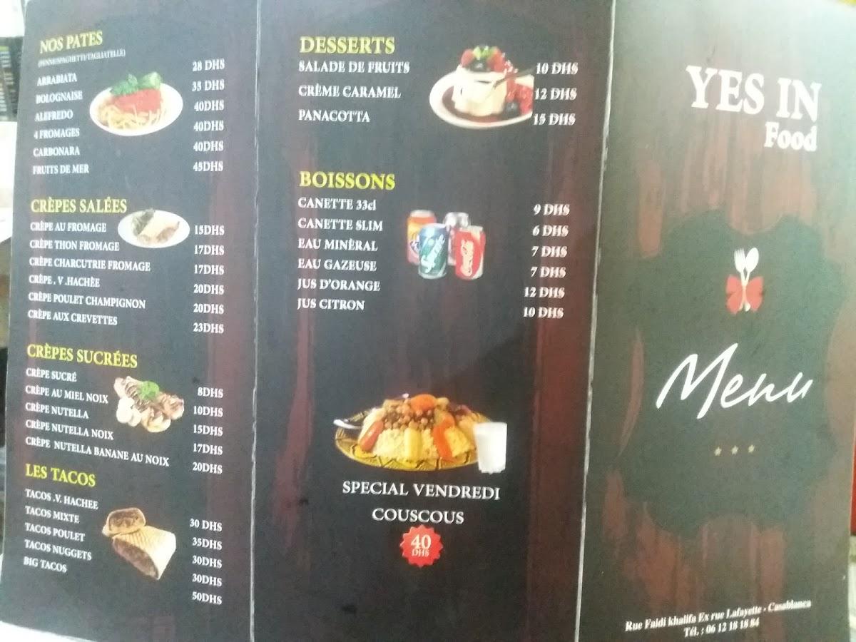 Menu at YES IN FOOD restaurant, Casablanca