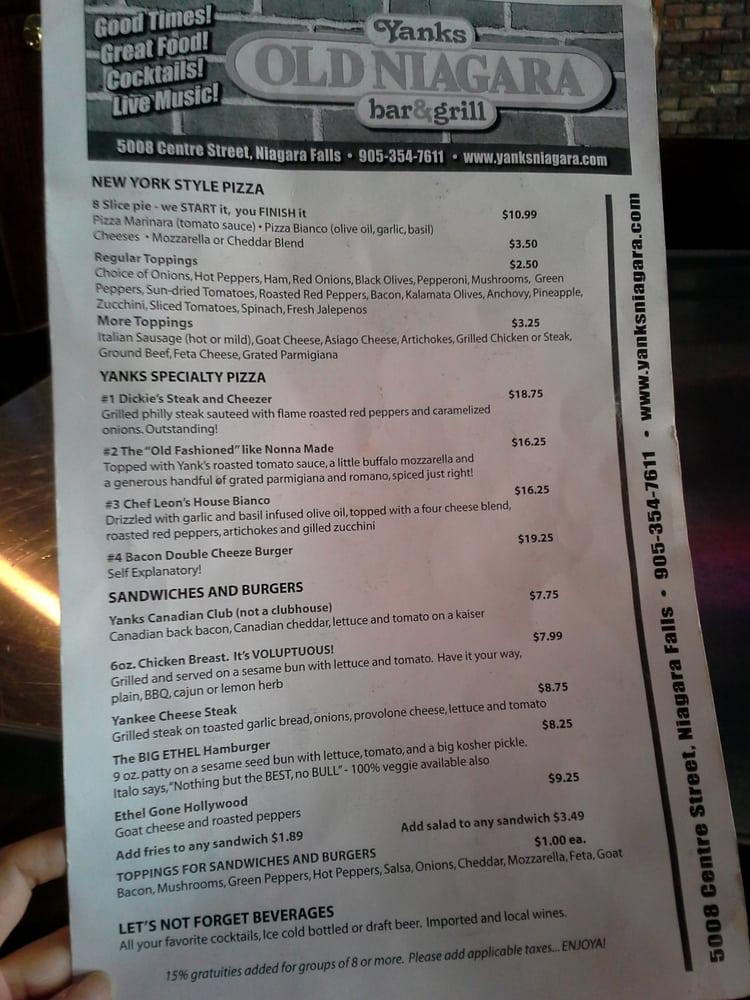 Menu at Yank's Old Niagara Bar & Grill, Niagara Falls