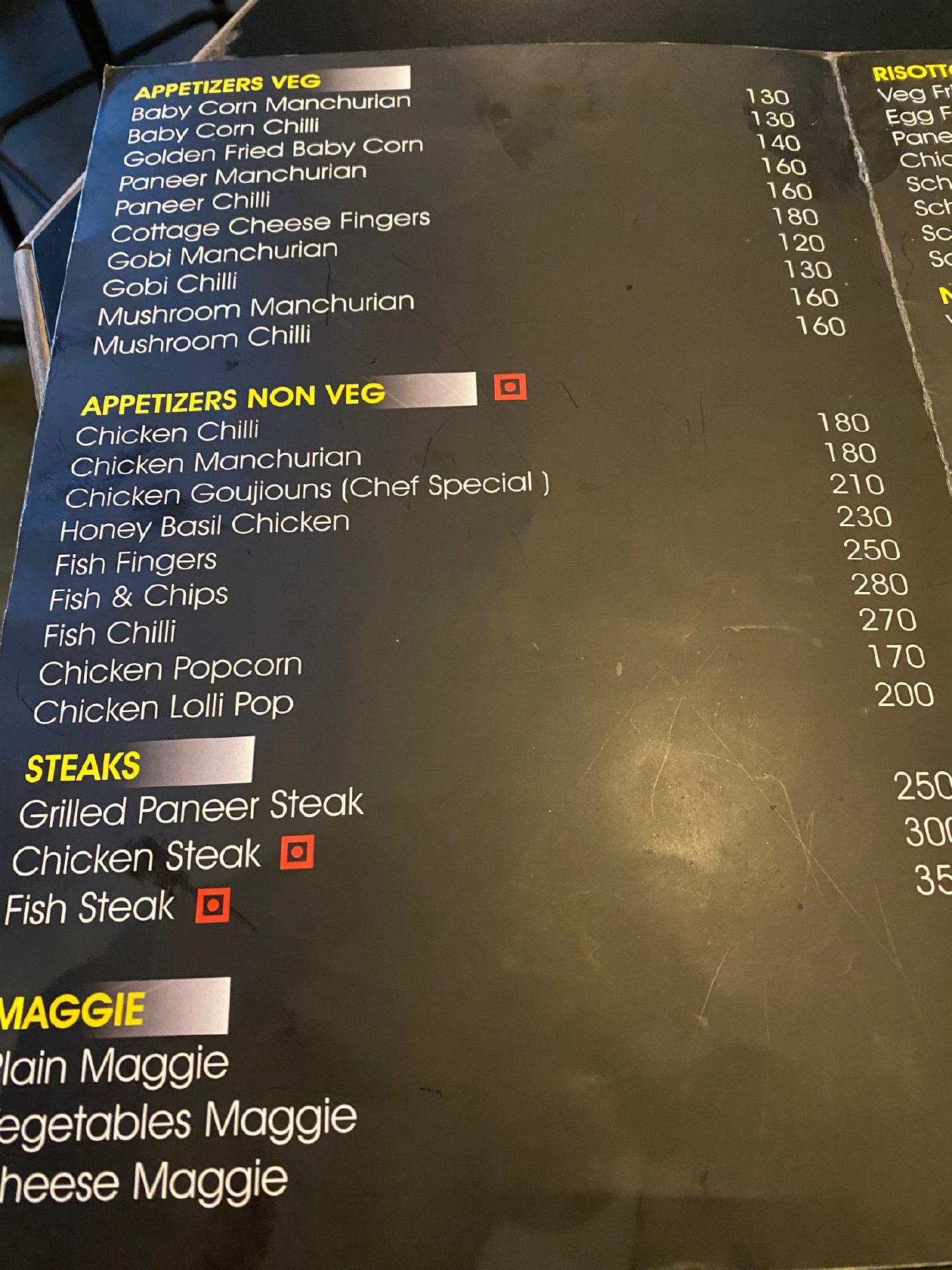 Menu at Bikers Cafe, Mysuru