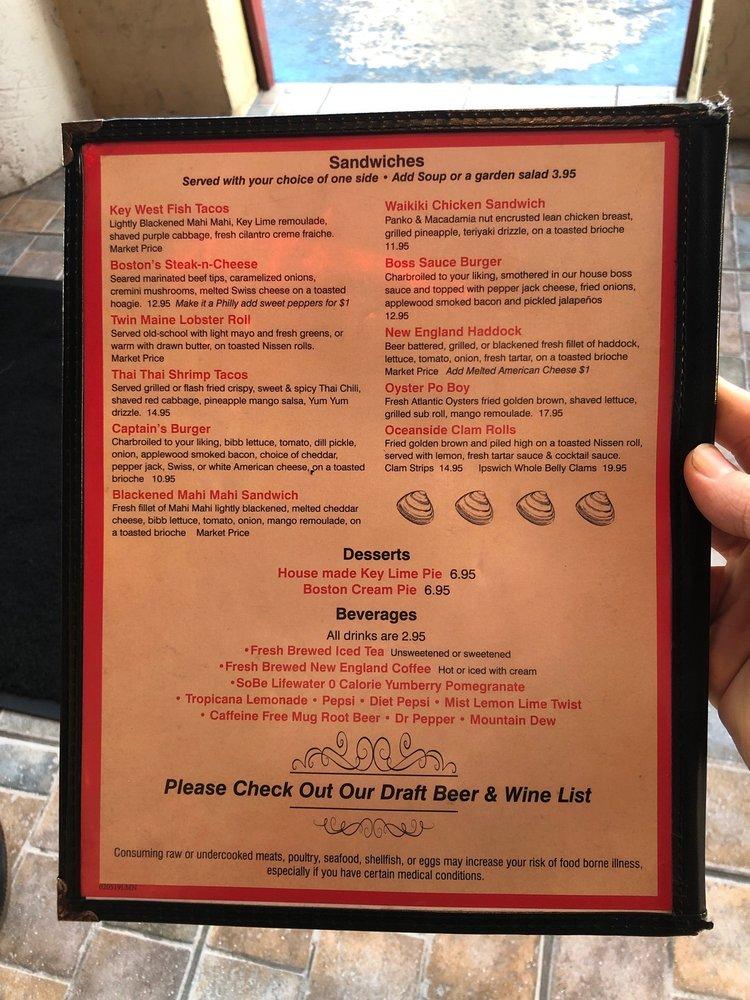 Menu at Boston's Fish House restaurant, New Smyrna Beach, S Atlantic Ave