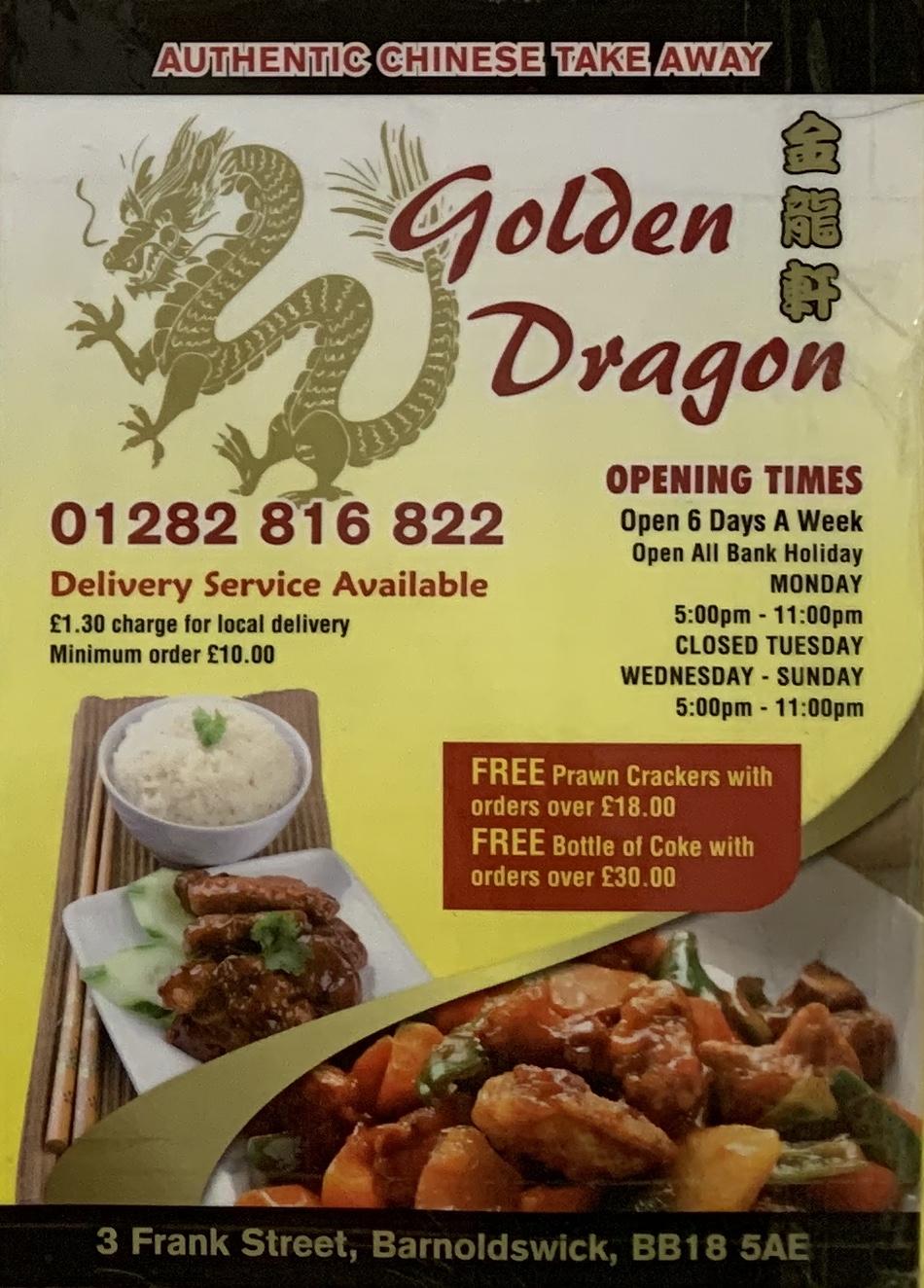 Menu at Golden Dragon restaurant, Barnoldswick