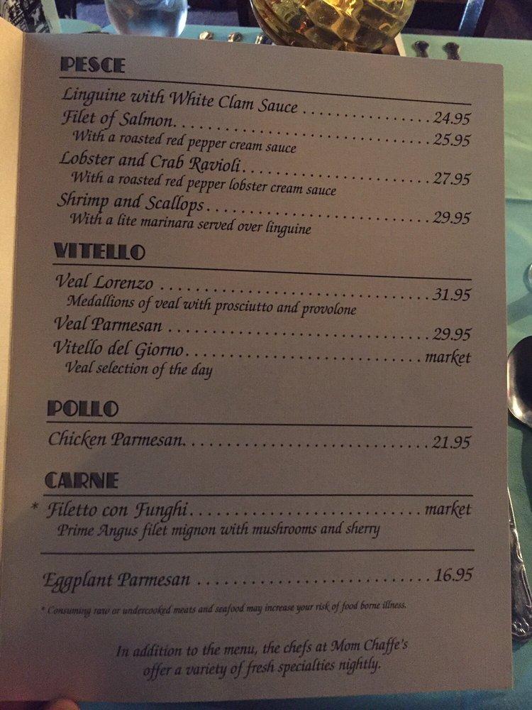 Menu at Mom Chaffe's Cellarette restaurant, West Reading