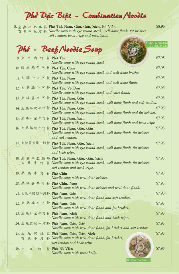 Menu at Pho 68 restaurant, Laredo
