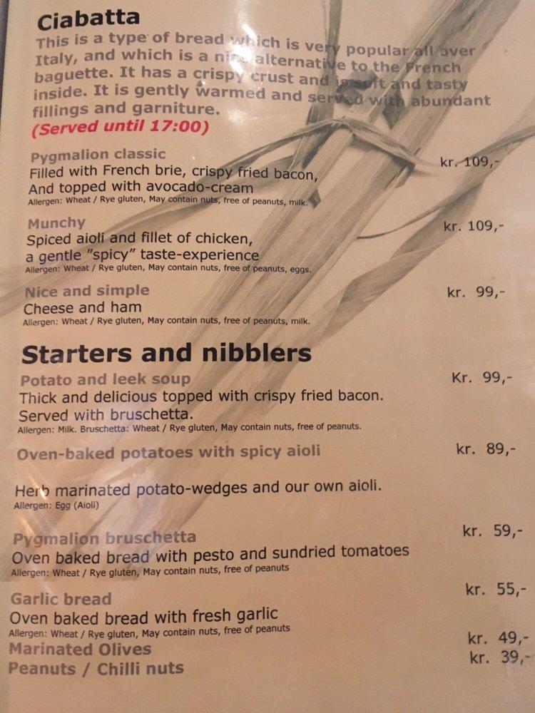 Menu at Pygmalion cafe, Bergen