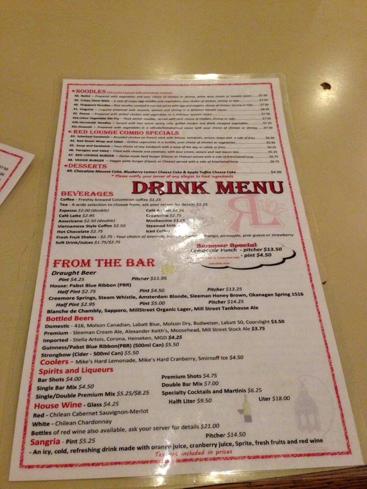Menu at Red Room pub & bar, Toronto, 444 Spadina Ave.