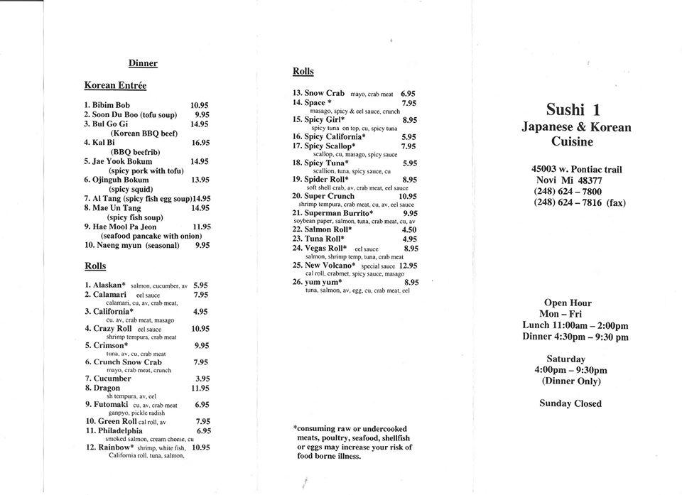 Menu at Sushi 1 restaurant, Novi, W Pontiac Trail