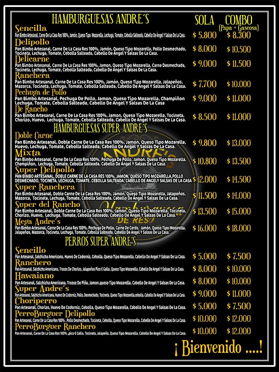 Menu at ANDRES HAMBURGUESA DE RES restaurant, Tunja