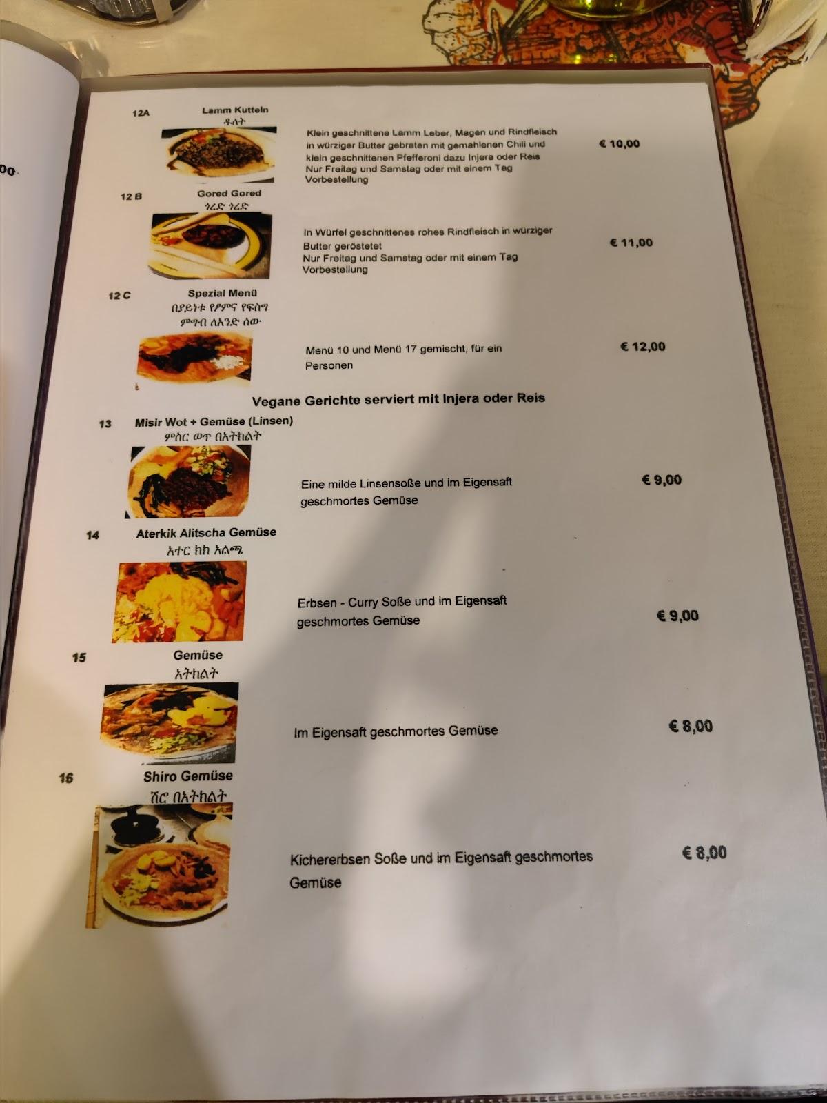 Menu at Ethiopian Restaurant, Vienna