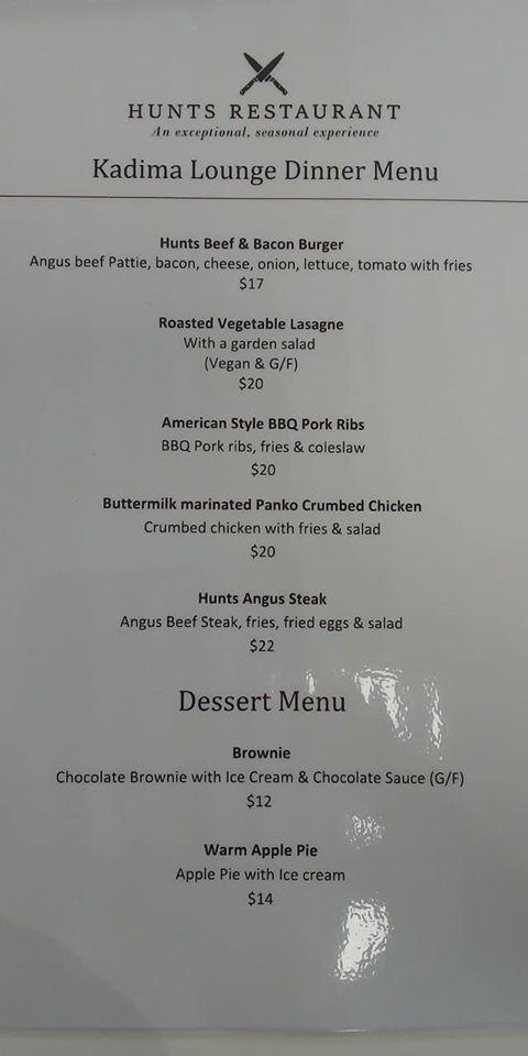 Menu at Hunts Restaurant, Lower Hutt