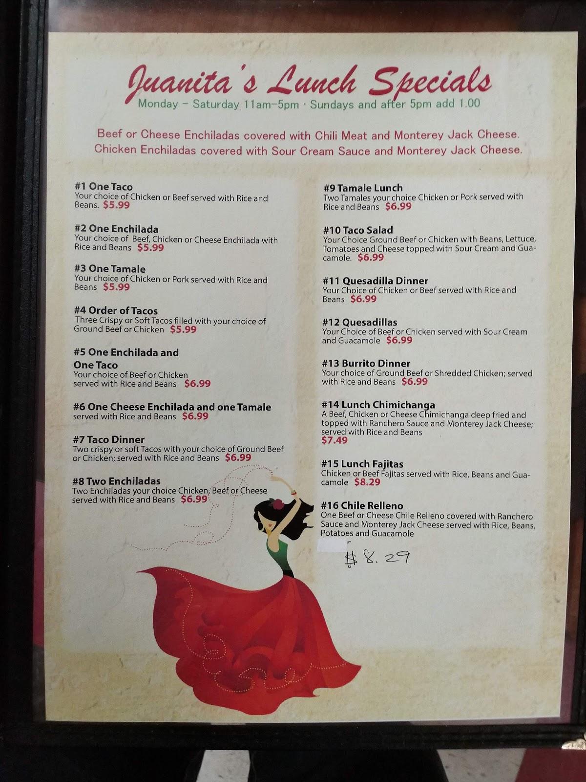 Menu at Juanita's restaurant, Tecumseh