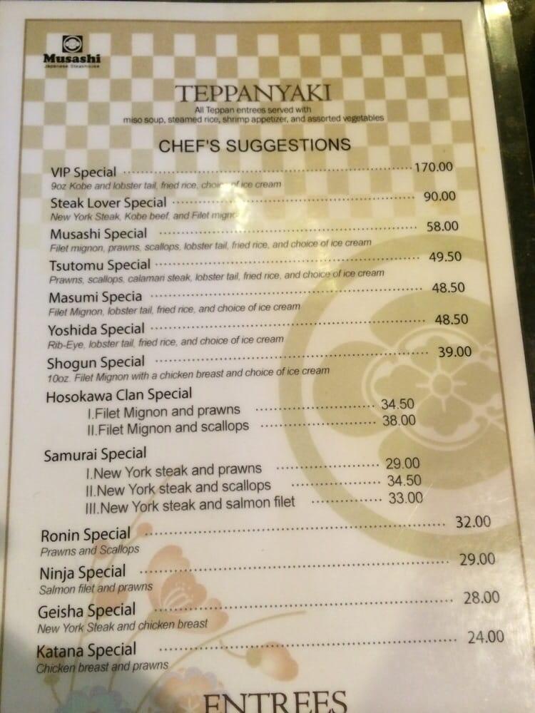 Menu at Musashi Japanese Steakhouse, Las Vegas